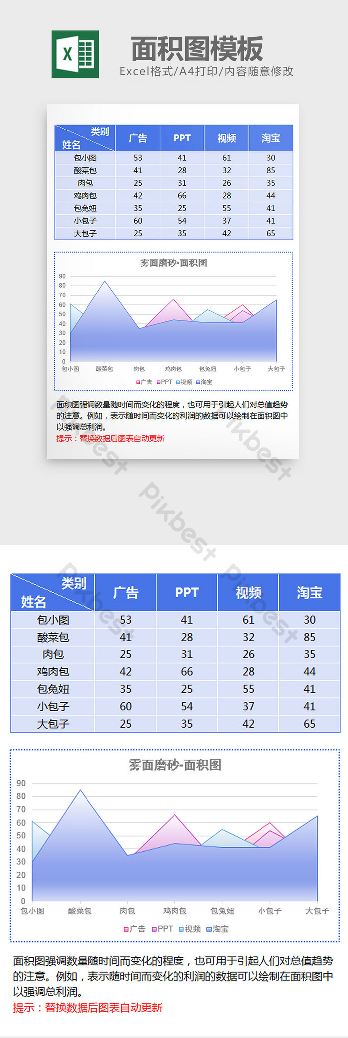Blue Mirror Matte Area Chart Excel Template Excel | XLSX Template Free ...