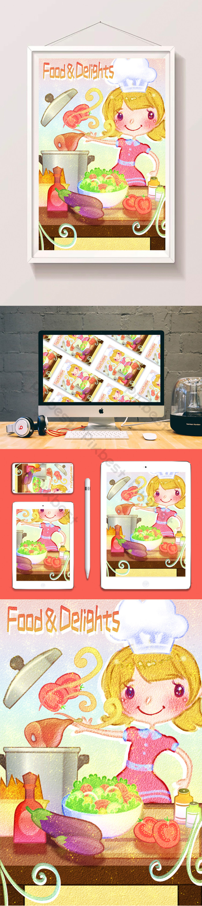 Fresh And Beautiful Watercolor Drawing Flat Cooking Gourmet Kitchen ...